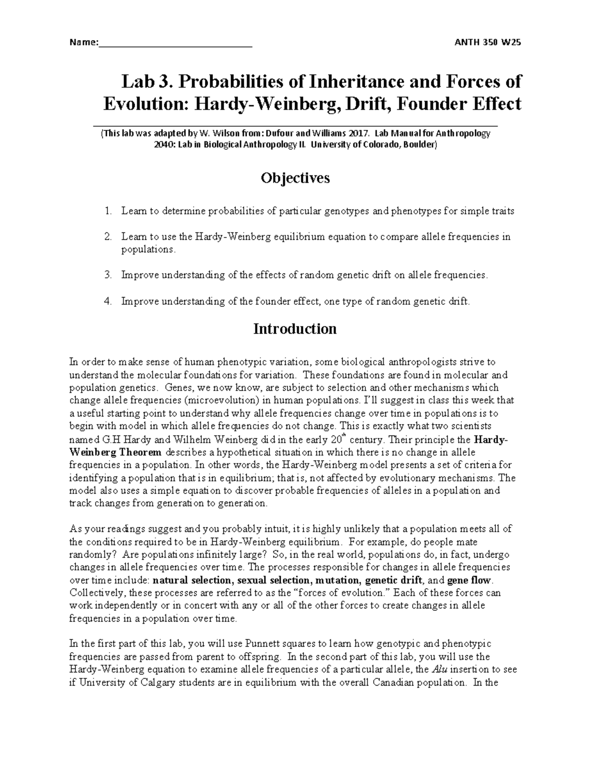 ANTH 350 W25 Lab 3: Probabilities of Inheritance & Evolutionary Forces ...