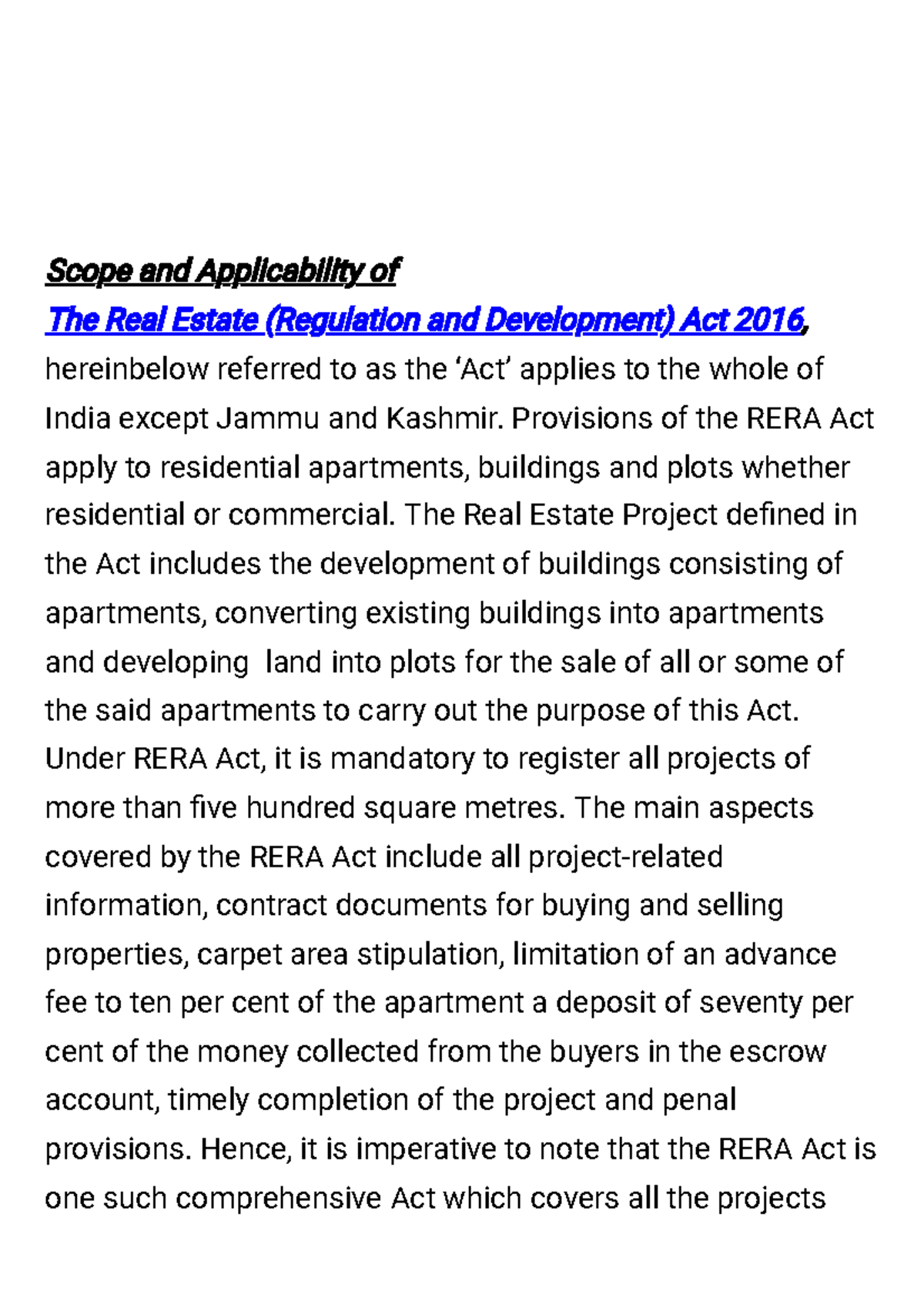 RERA 2016: Scope, Applicability, and Key Provisions Explained - Studocu