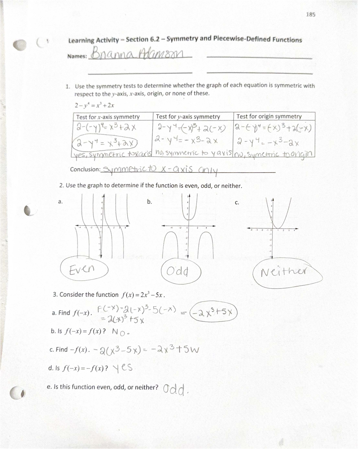 185 Learning Activity - Sec 6.2: Symmetry & Piecewise Functions - Studocu
