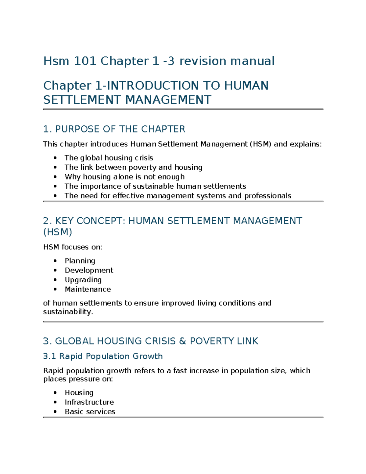 HSM 101 Chapter 1 & 2 Revision: Human Settlement Management Insights ...