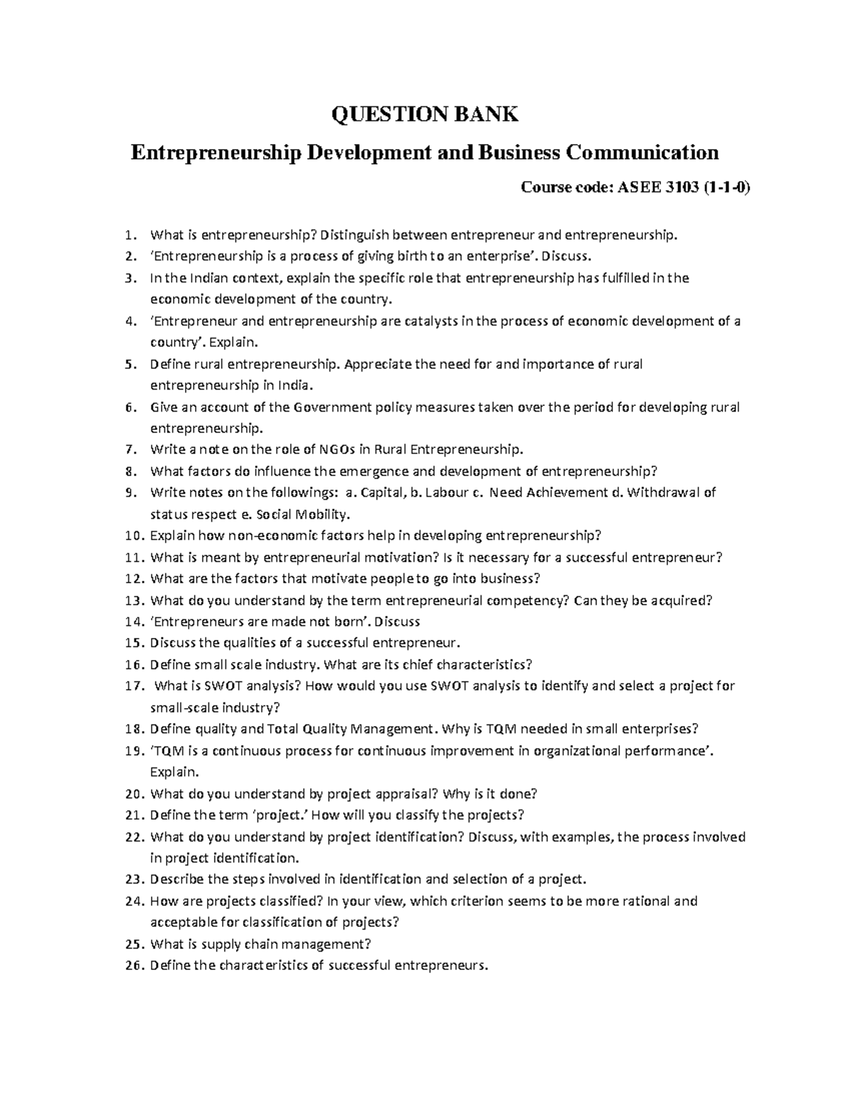 Entrepreneurship Questions - QUESTION BANK Entrepreneurship Development ...