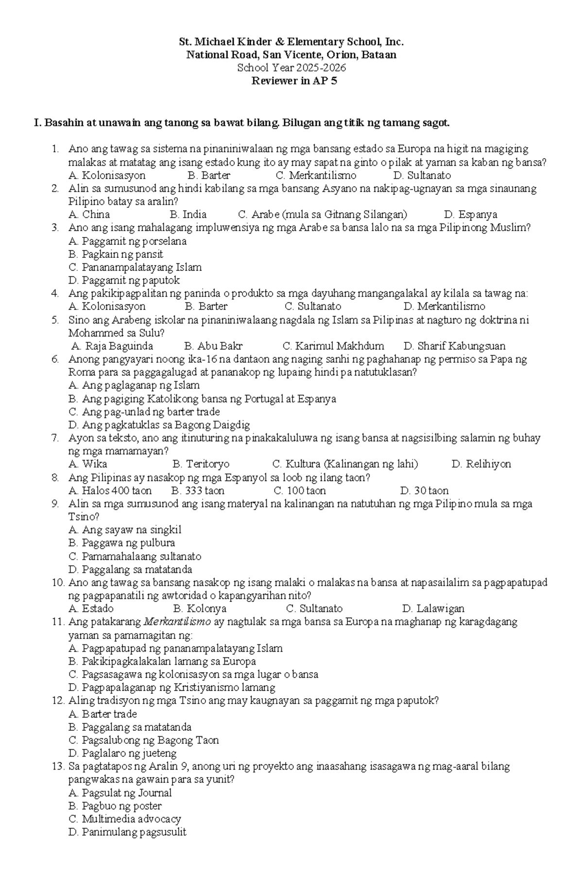 AP 5 - Reviewer for St. Michael Kinder School - Studocu