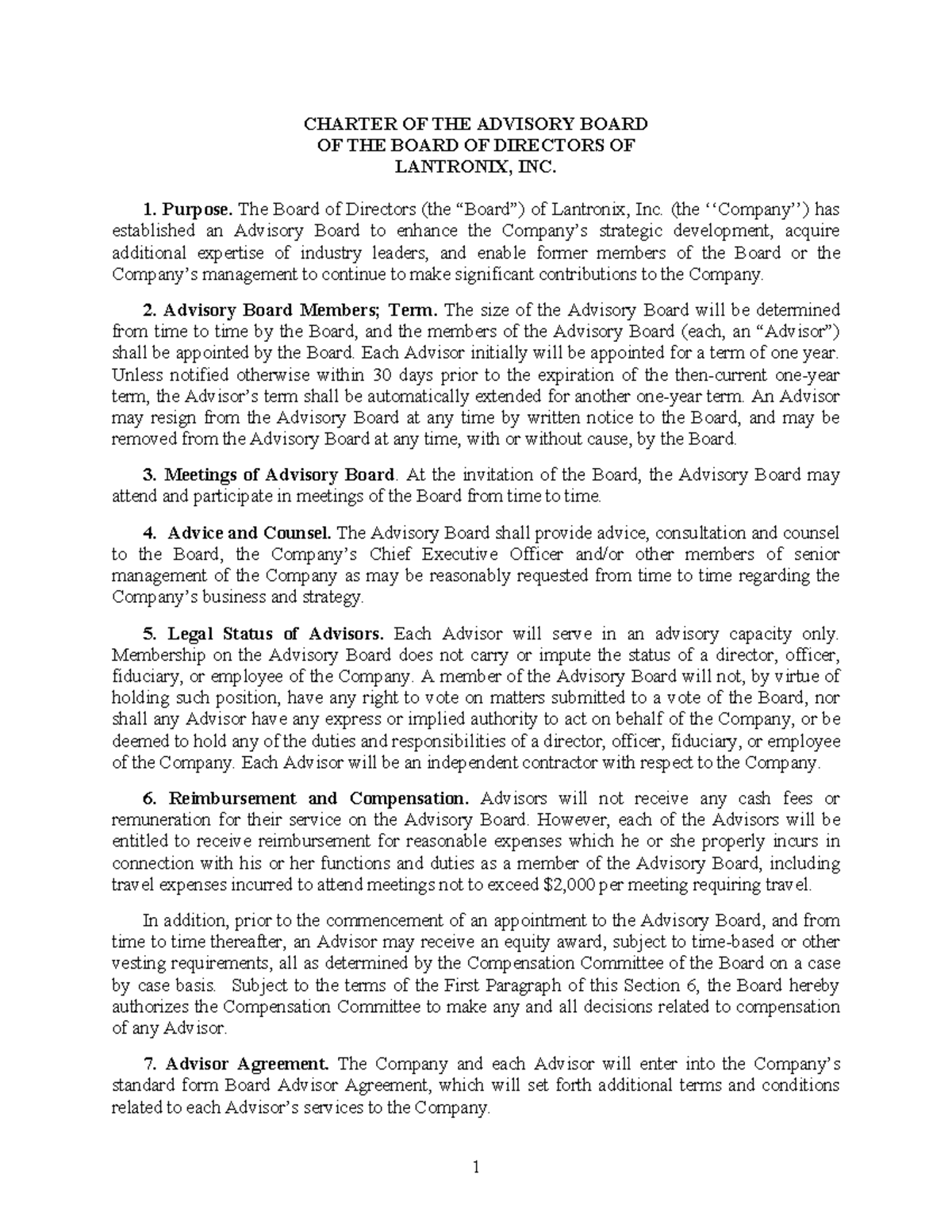 Advisory Board Charter of Lantronix, Inc. - Studocu