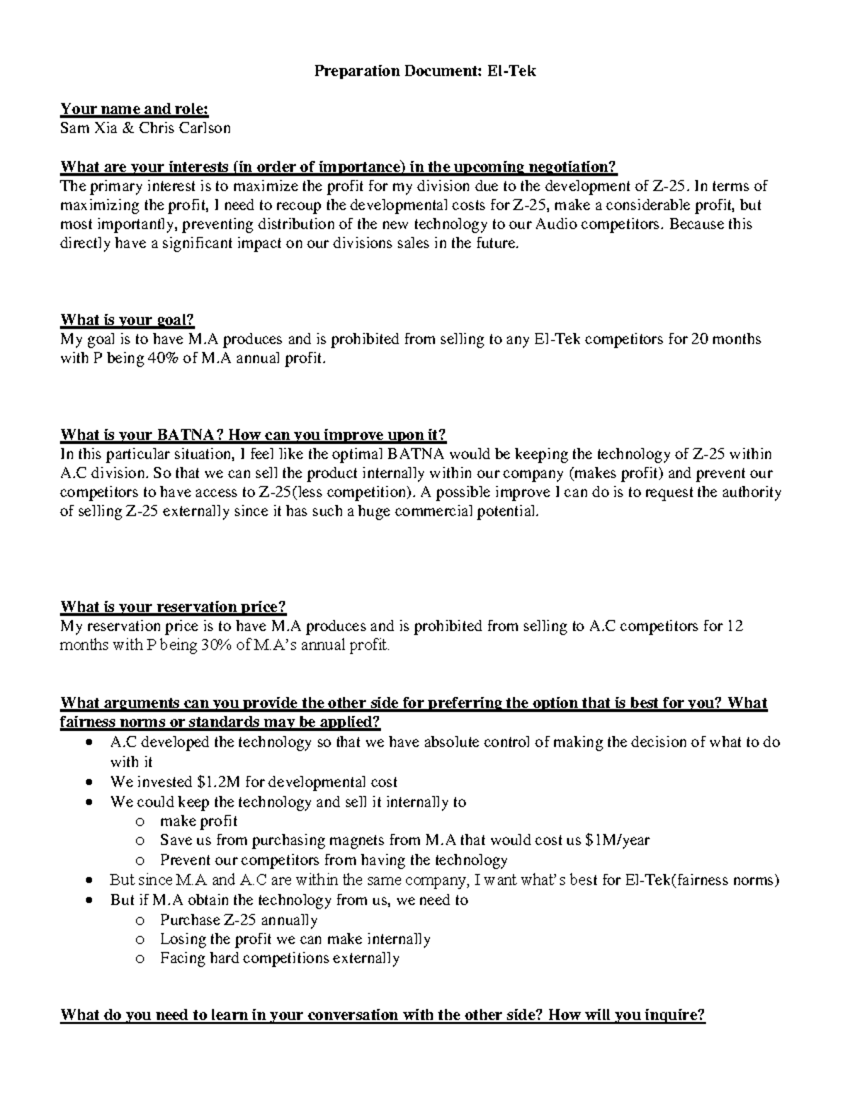 Prep Doc - Sam Xia - written assignment - Preparation Document: El-Tek Your name and role: Sam ...