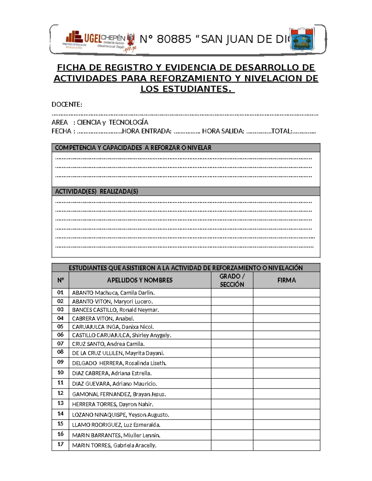 Ficha DE Reforzamiento I.E.N° 80885 - 1° A - 999999999999999999 FICHA ...