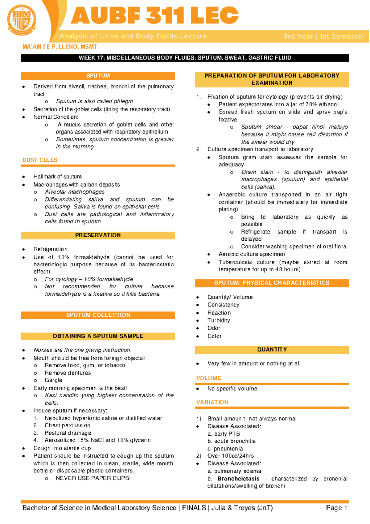 FE P. LLENO, MSMT FINALS: Miscellaneous Body Fluids - Sputum, Sweat ...