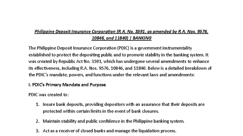 PDIC Overview: Mandate, Powers, and Recent Developments - Studocu