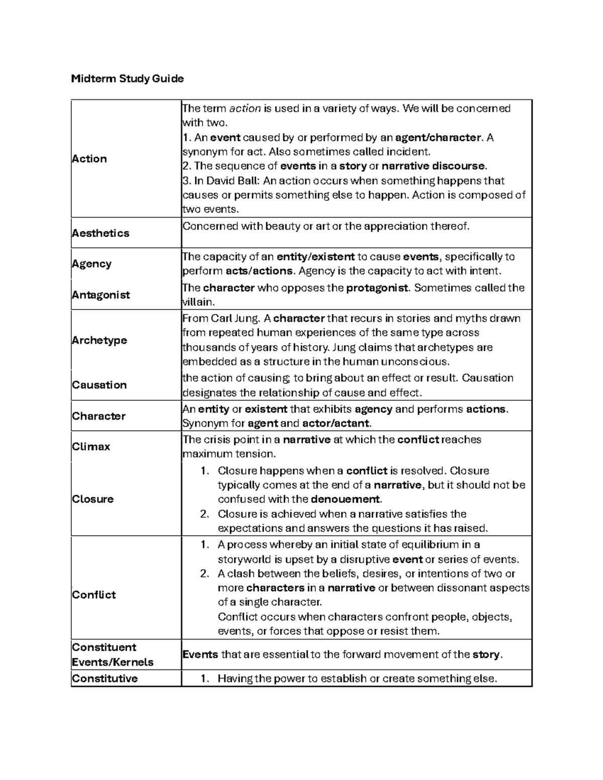 Midterm Study Guide: Key Concepts in Action Aesthetics and Narrative ...