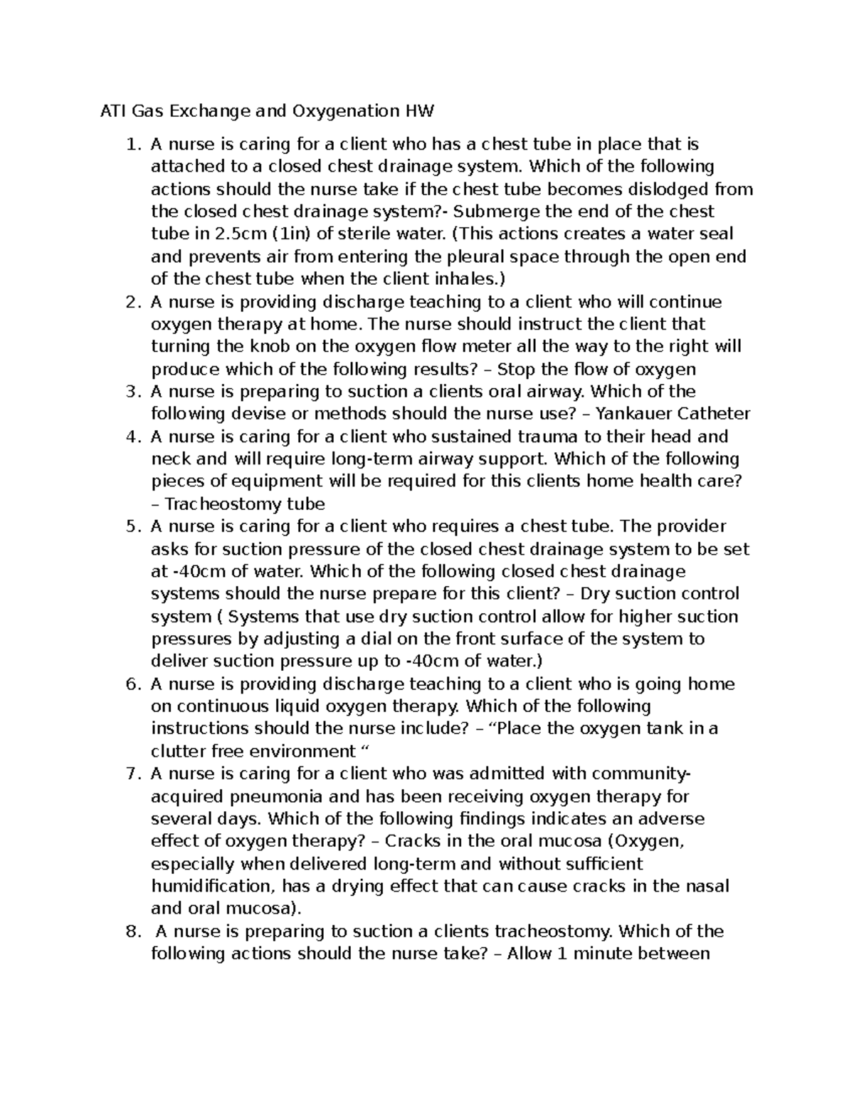 ATI Gas Exchange & Oxygenation: Chest Tube Care & Oxygen Therapy HW ...