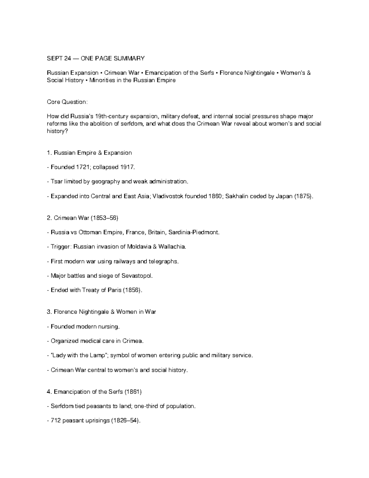 SEPT 24: Summary of Russian Expansion & Crimean War Reforms - Studocu