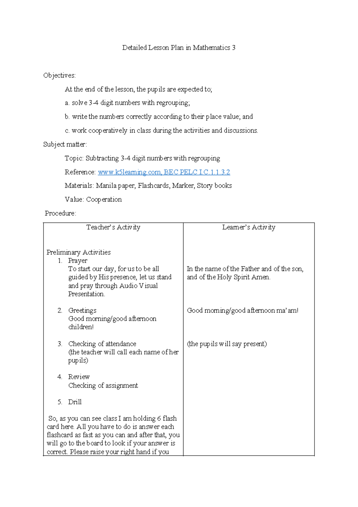 Mathematics 3 Detailed Lesson Plan: Subtracting with Regrouping - Studocu