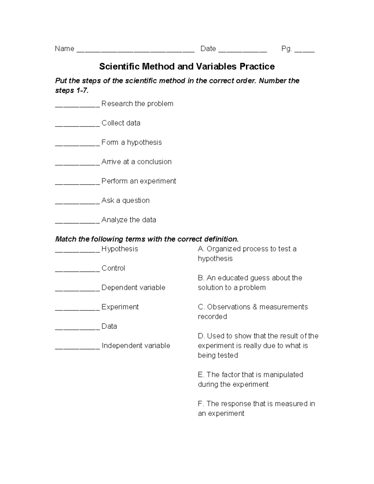 Steps of the Scientific Method & Experiment Variables WS - Studocu