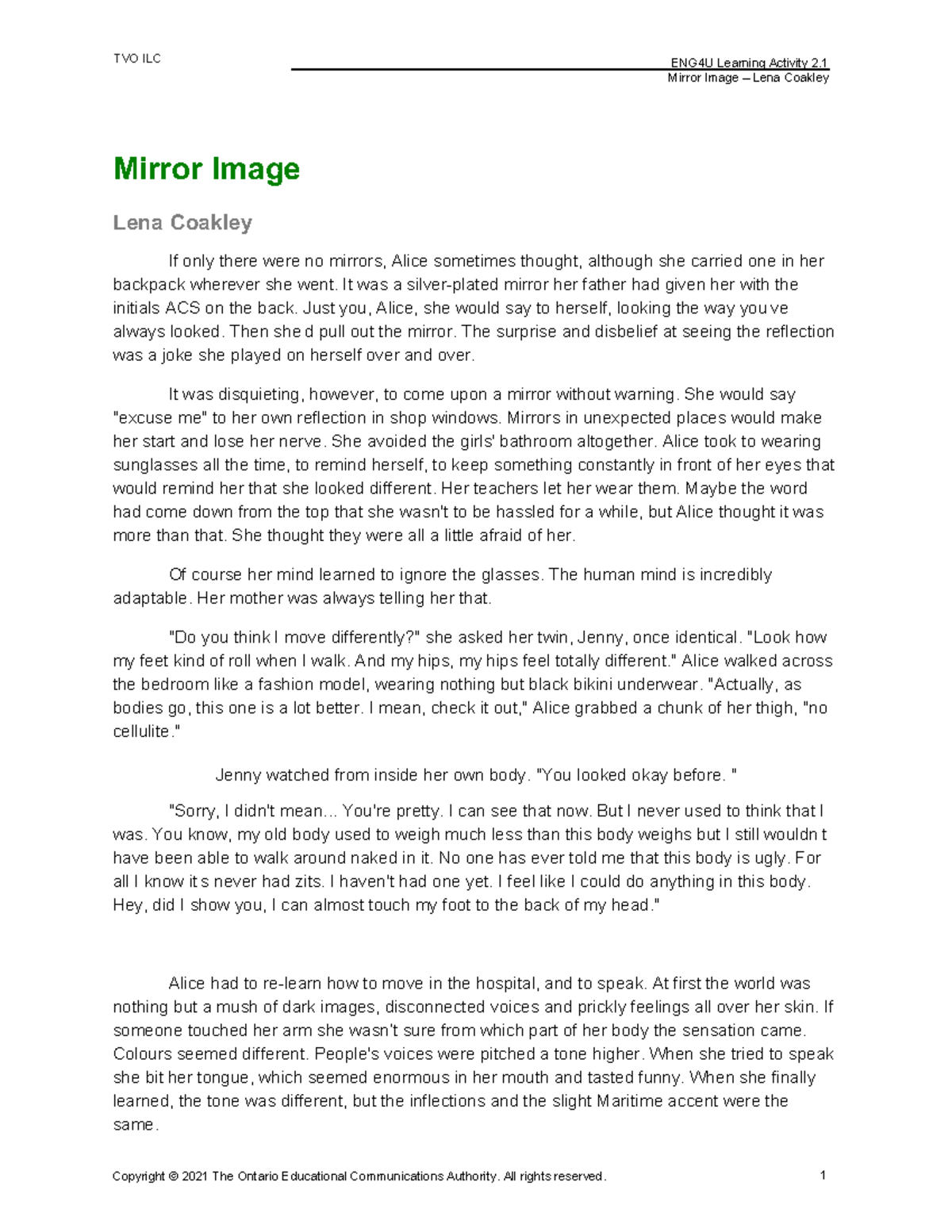 TVO ILC ENG4U Learning Activity 2.1: Exploring Identity in "Mirror ...