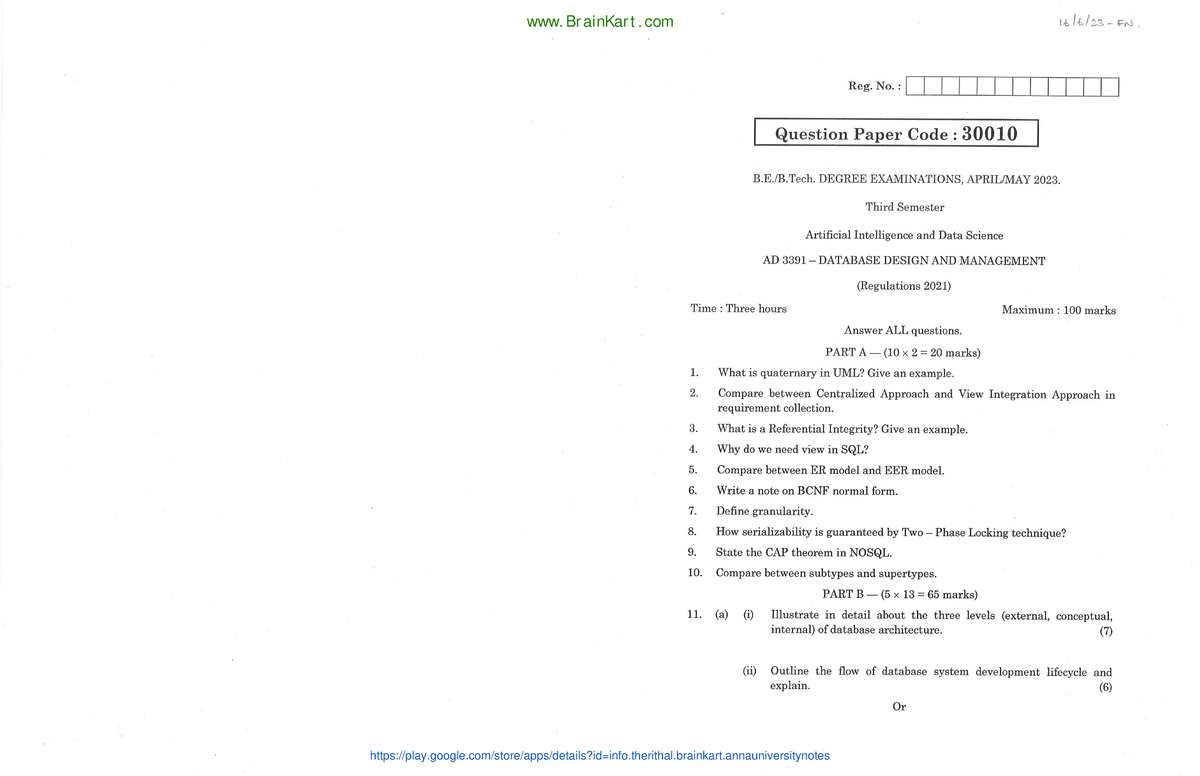 Database Design and Management - AD3391 2023 Exam Question Paper - Studocu