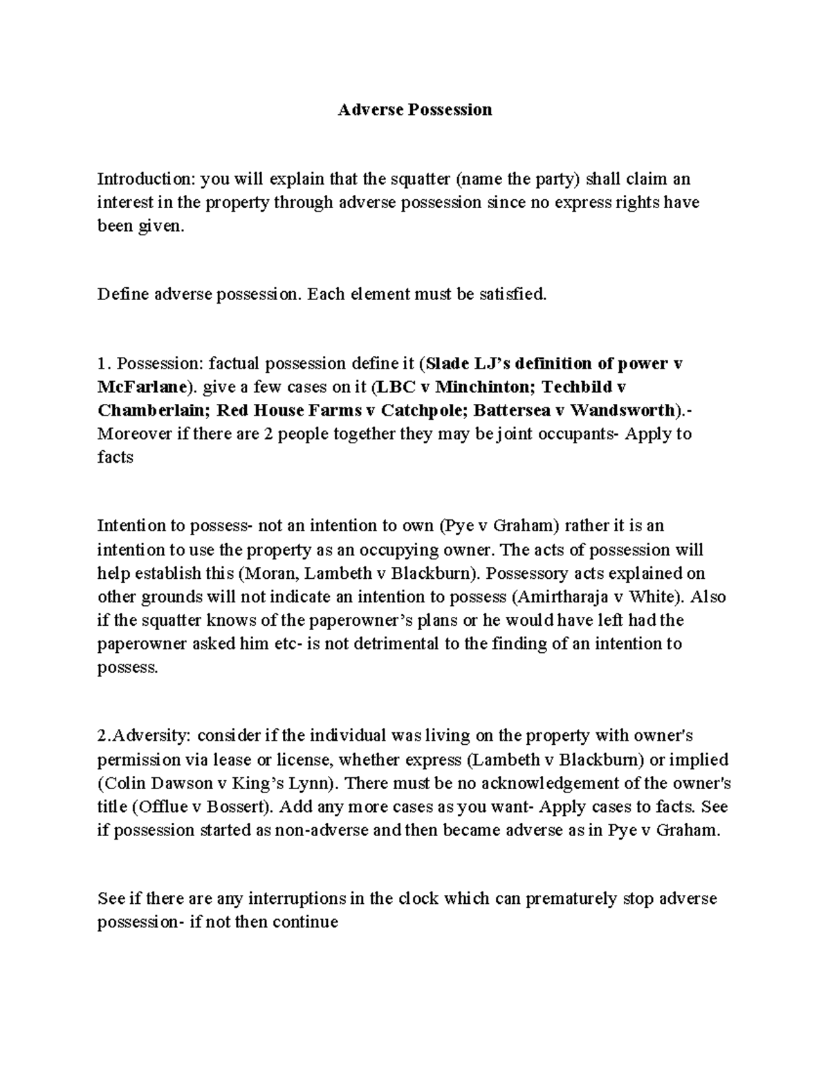 Adverse Possession Pointers: Key Elements & Case Analysis - Studocu