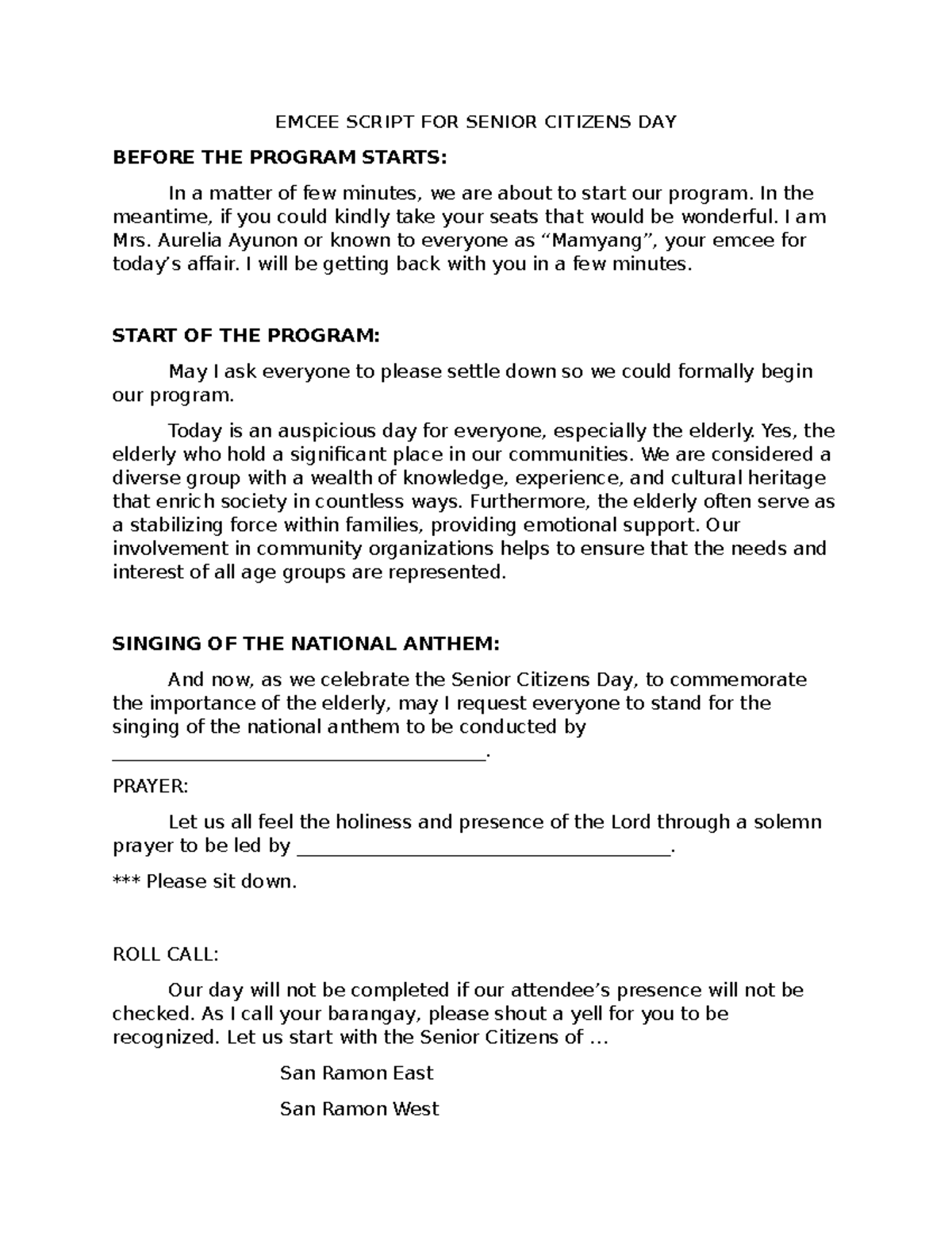Emcee Script for Senior Citizens Day Celebration - Studocu
