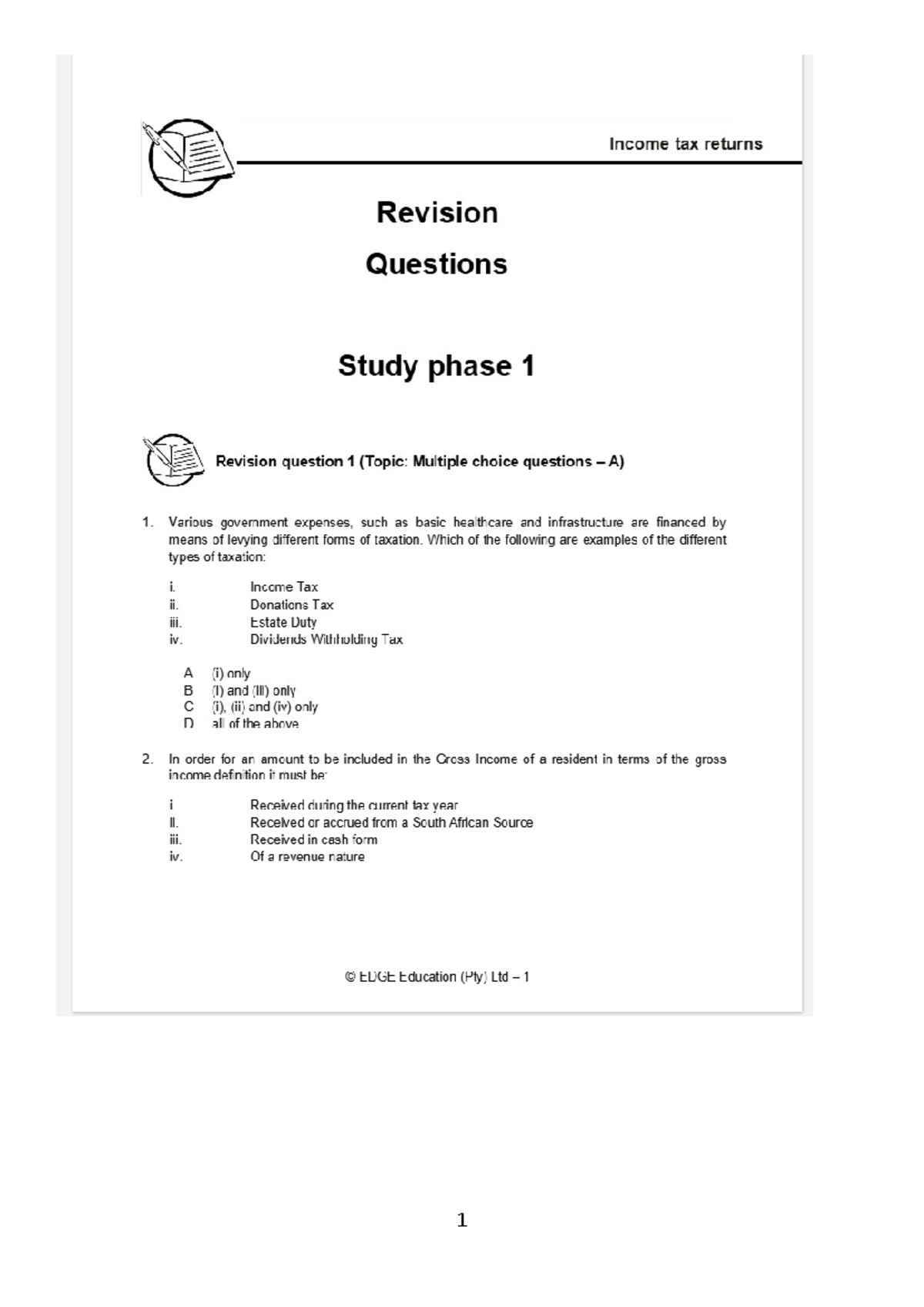 Income Tax Returns Revision Questions - Phase 1 MCQs - Studocu