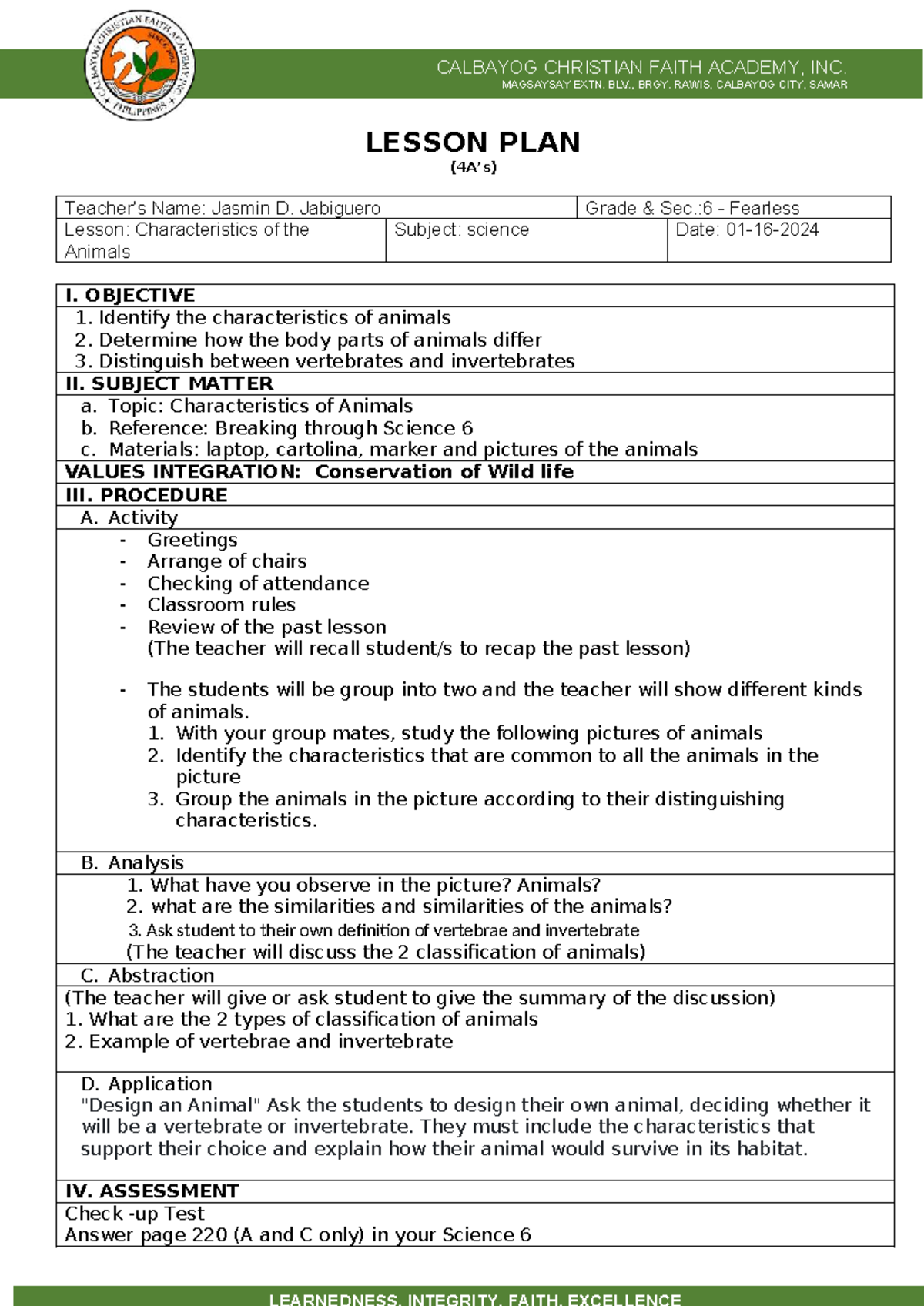 CALBAYOG CHRISTIAN FAITH ACADEMY, INC. SCIENCE 6 LESSON PLAN: ANIMAL ...