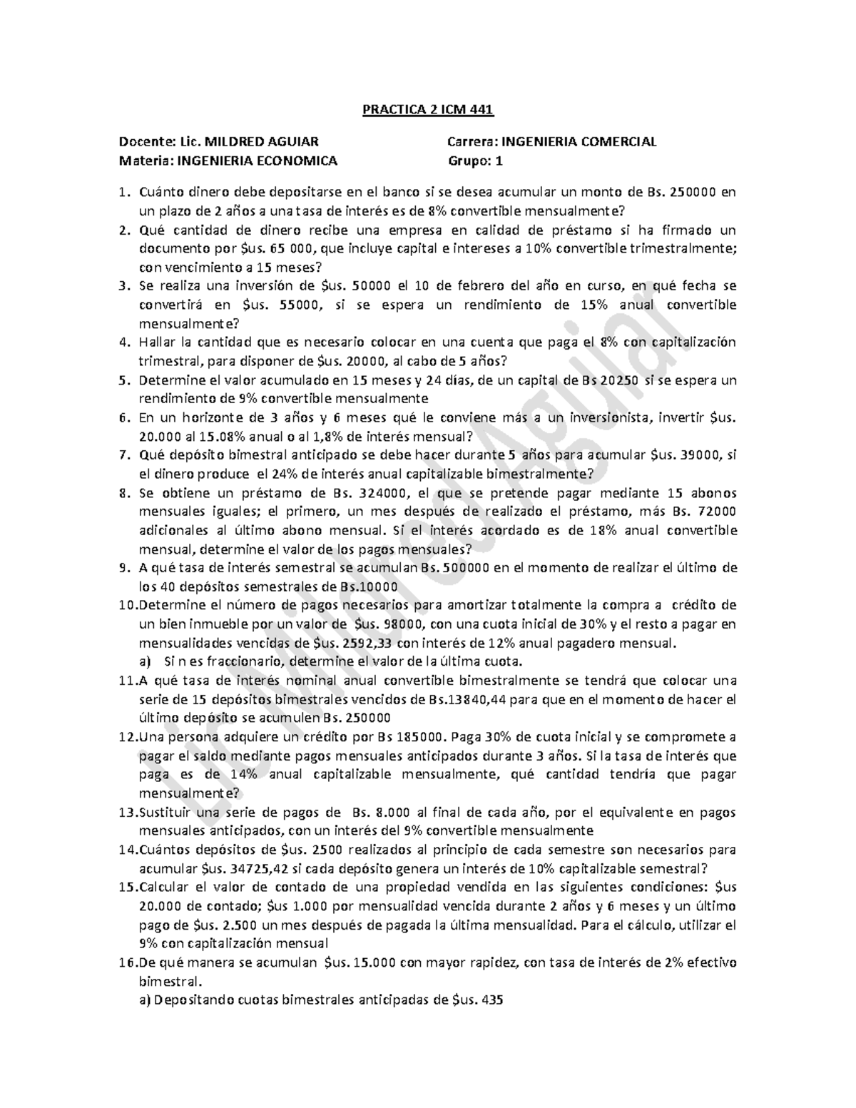 Ing eco - Para la practica - PRACTICA 2 ICM 441 Docente: Lic. MILDRED ...