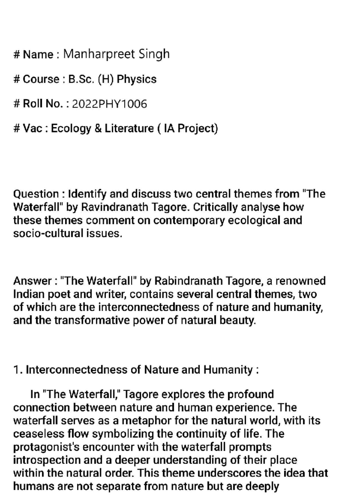Ecology & Literature IA Project: Tagore's Themes on Nature & Humanity ...