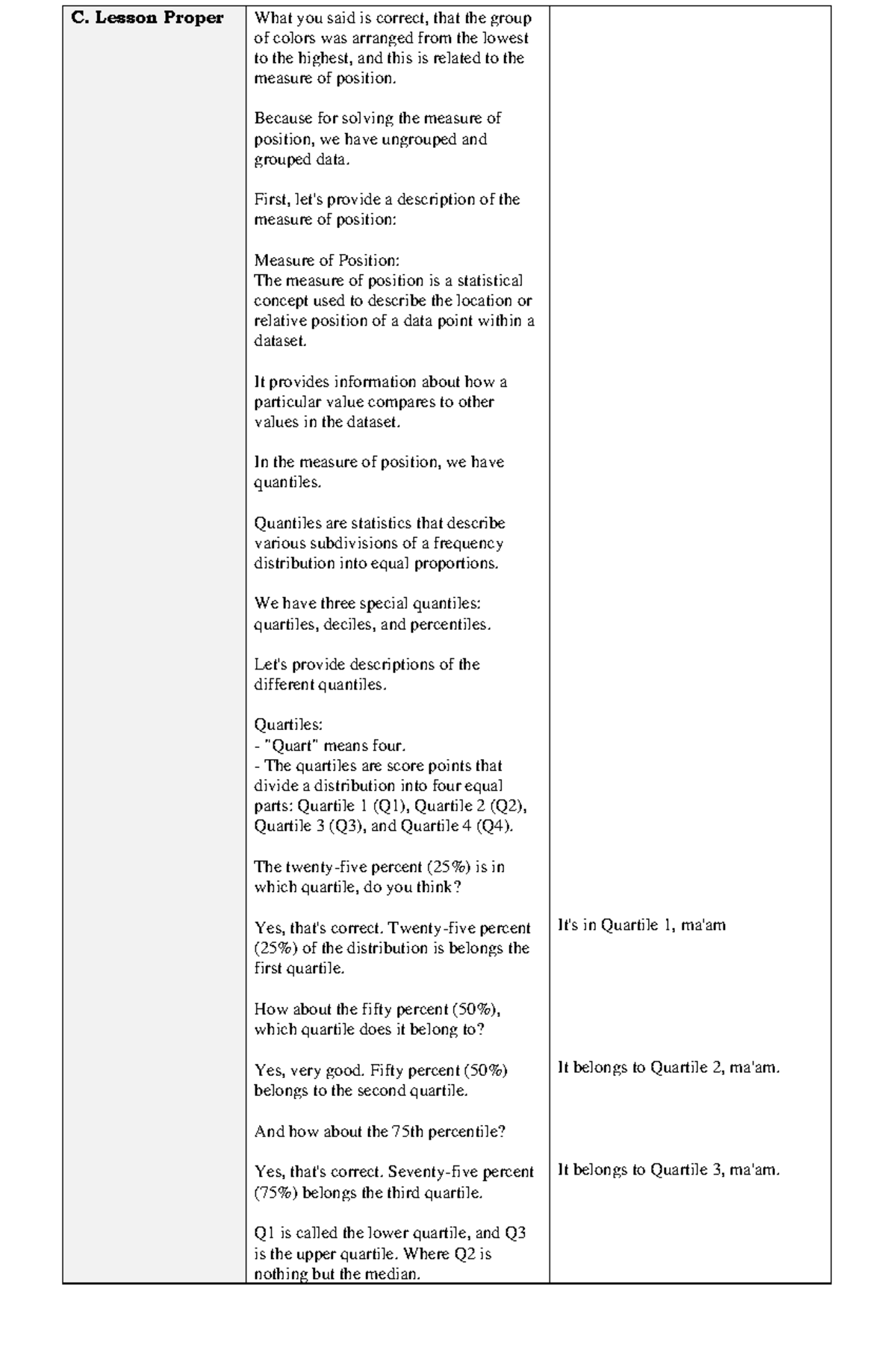 Detailed Lesson Plan on Measures of Position in Mathematics 10 - Studocu