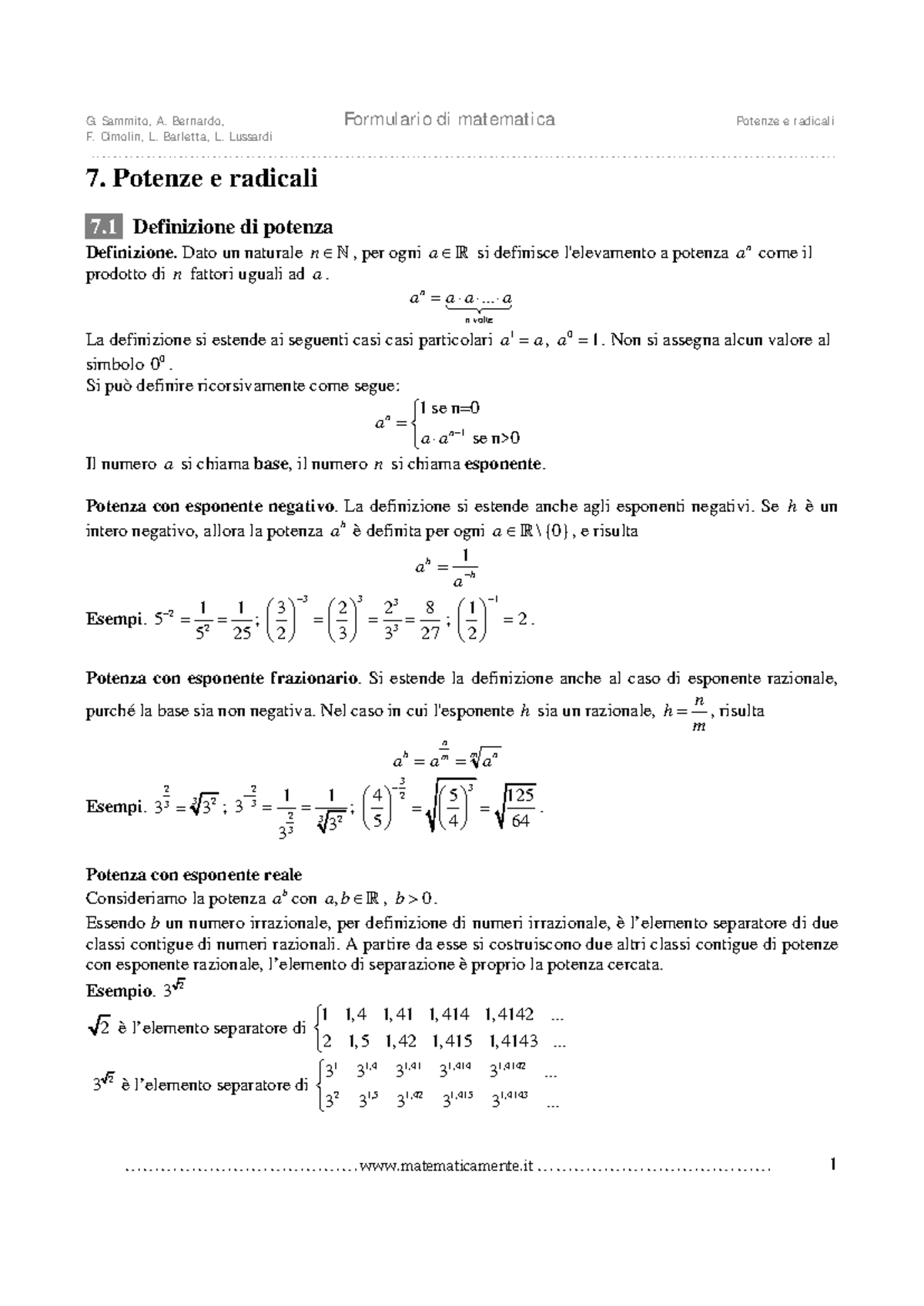 7 - Formulario di Matematica: Potenze e Radicali - Studocu
