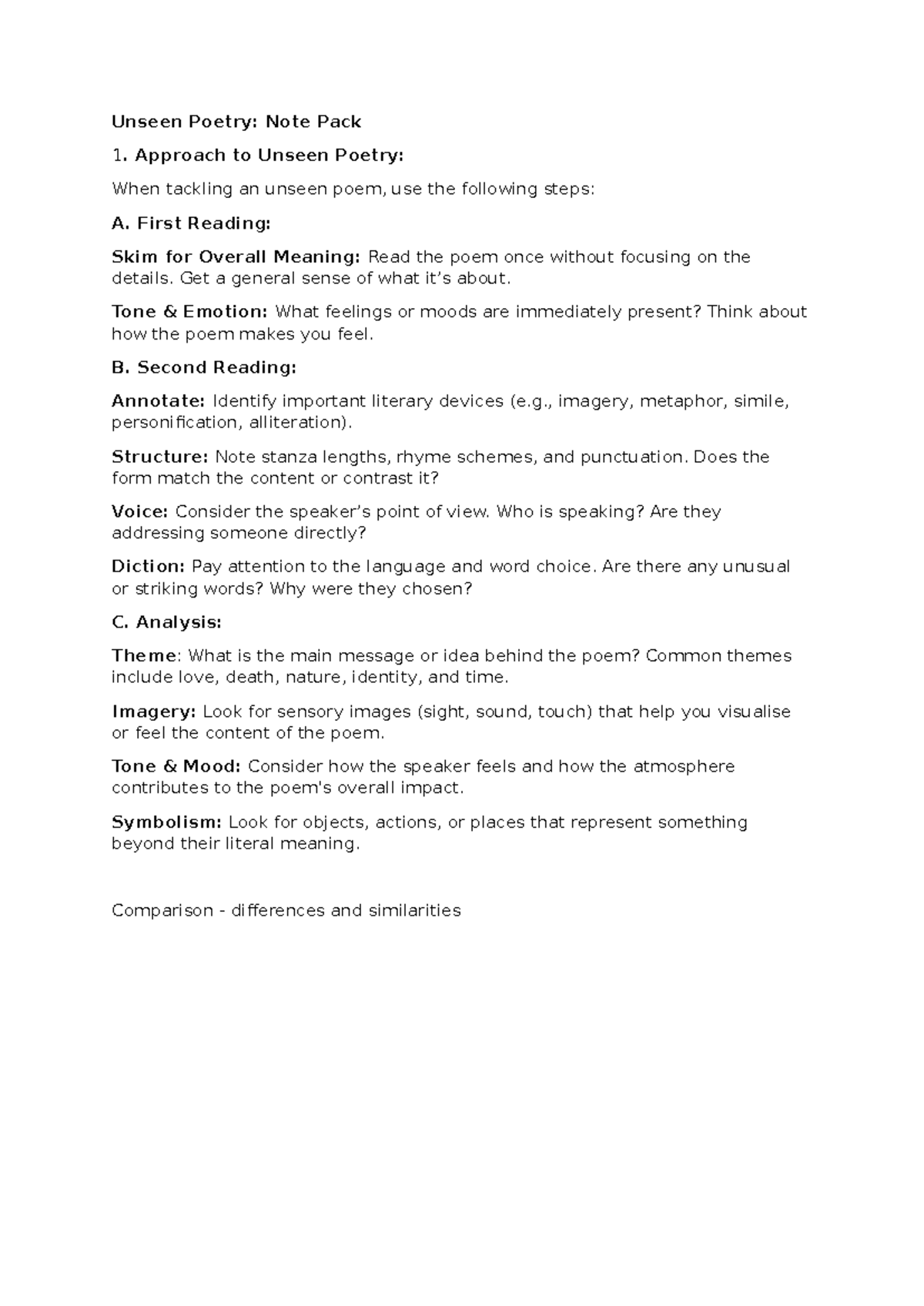 Unseen Poetry: Note Pack 1 - Analyzing Poetic Techniques and Themes ...