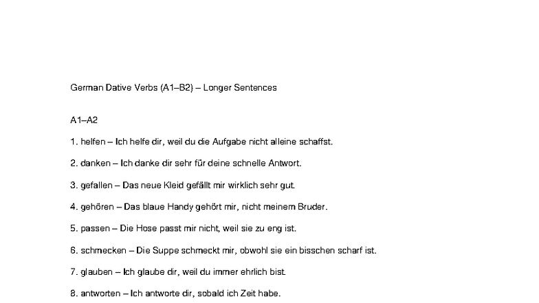 Dative Verbs in German: A1-B2 Examples and Usage - Studocu