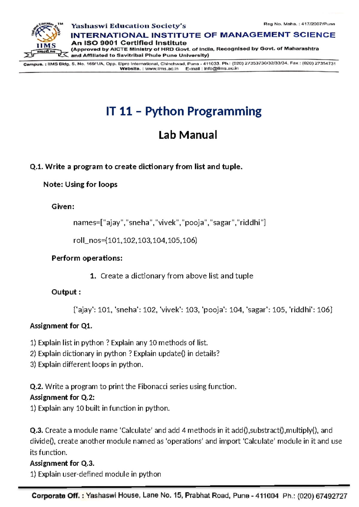 IT 11 Python Programming Lab Manual - Practical Exercises 2024 - Studocu