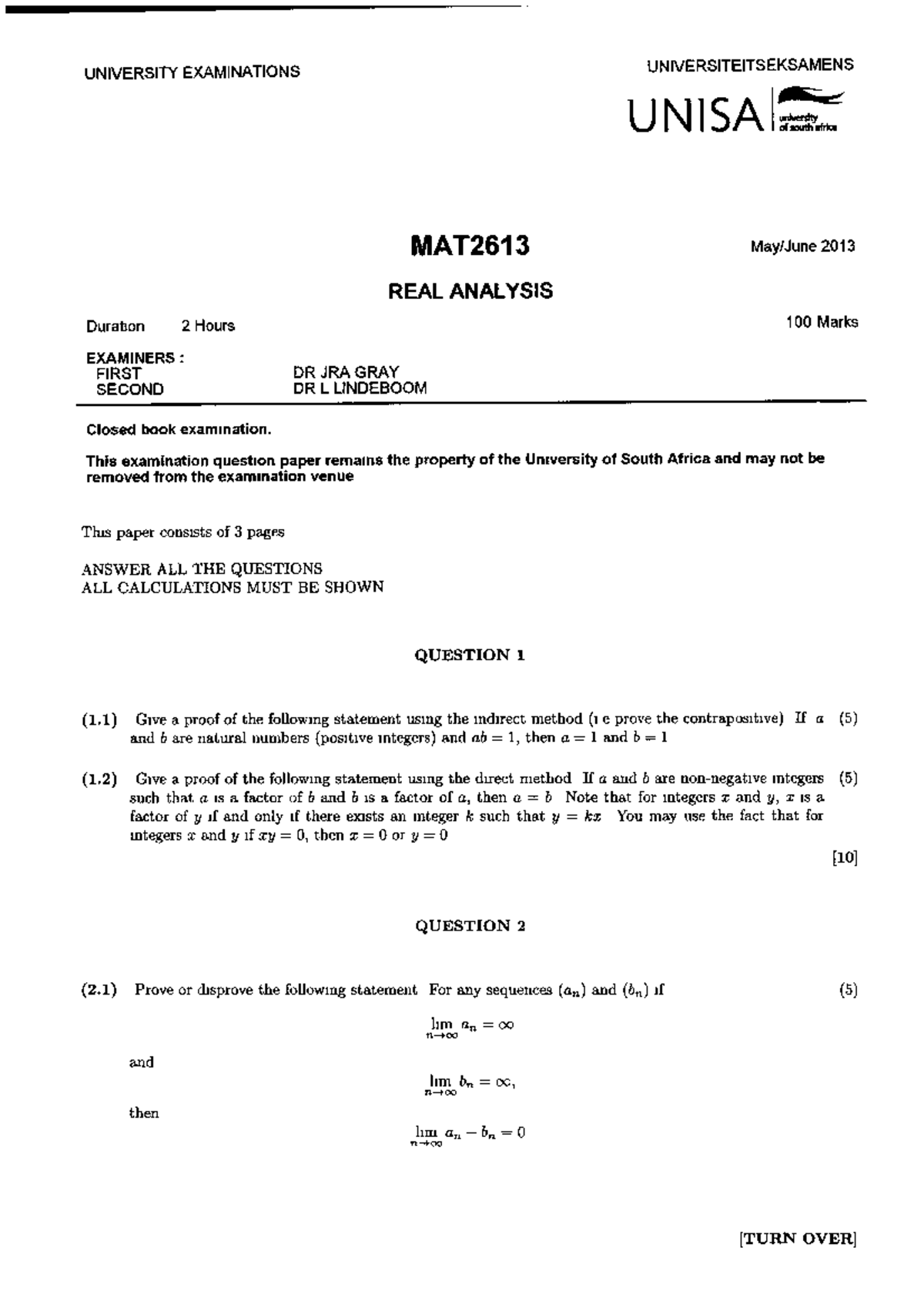MAT2613 Real Analysis SEM 1 Exam 2013 - Question Paper Analysis - Studocu