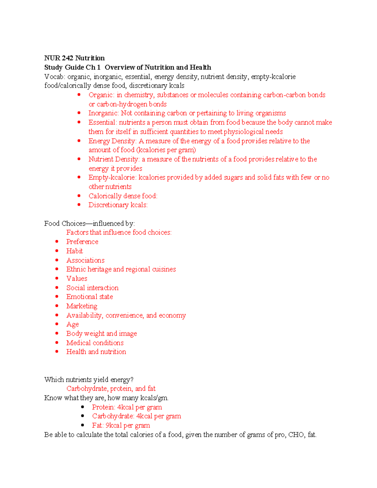 Chapter 1 Study Guide - NUR 242 Nutrition Study Guide Ch 1 Overview of ...