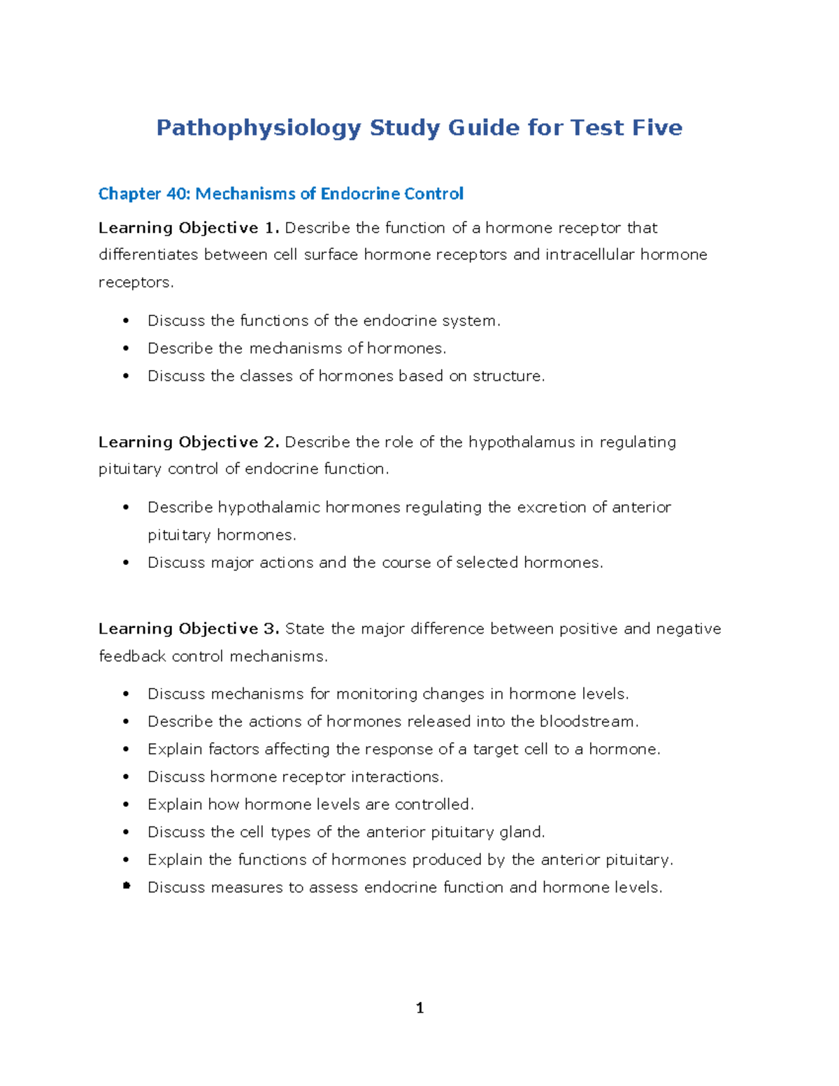 Pathophysiology Study Guide for Test 5: Endocrine Control & Disorders ...