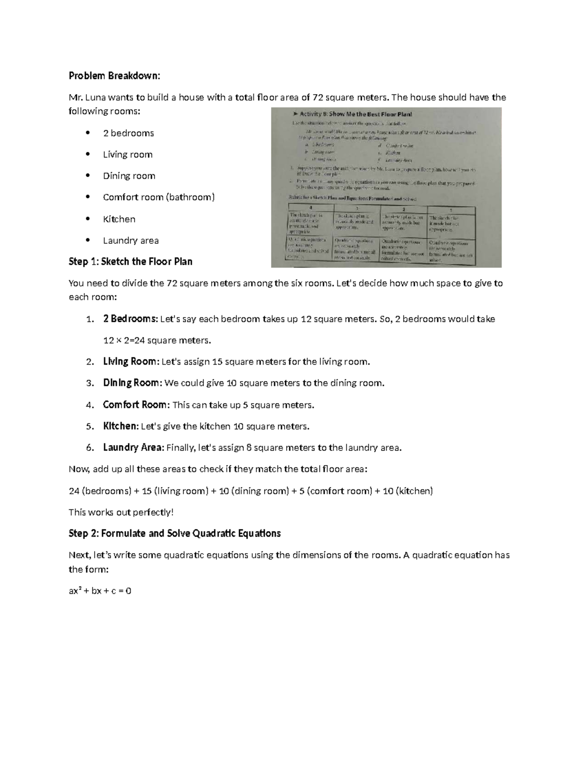 Math Quadratic Equations: Room Dimensions for House Design (Grade 9 ...