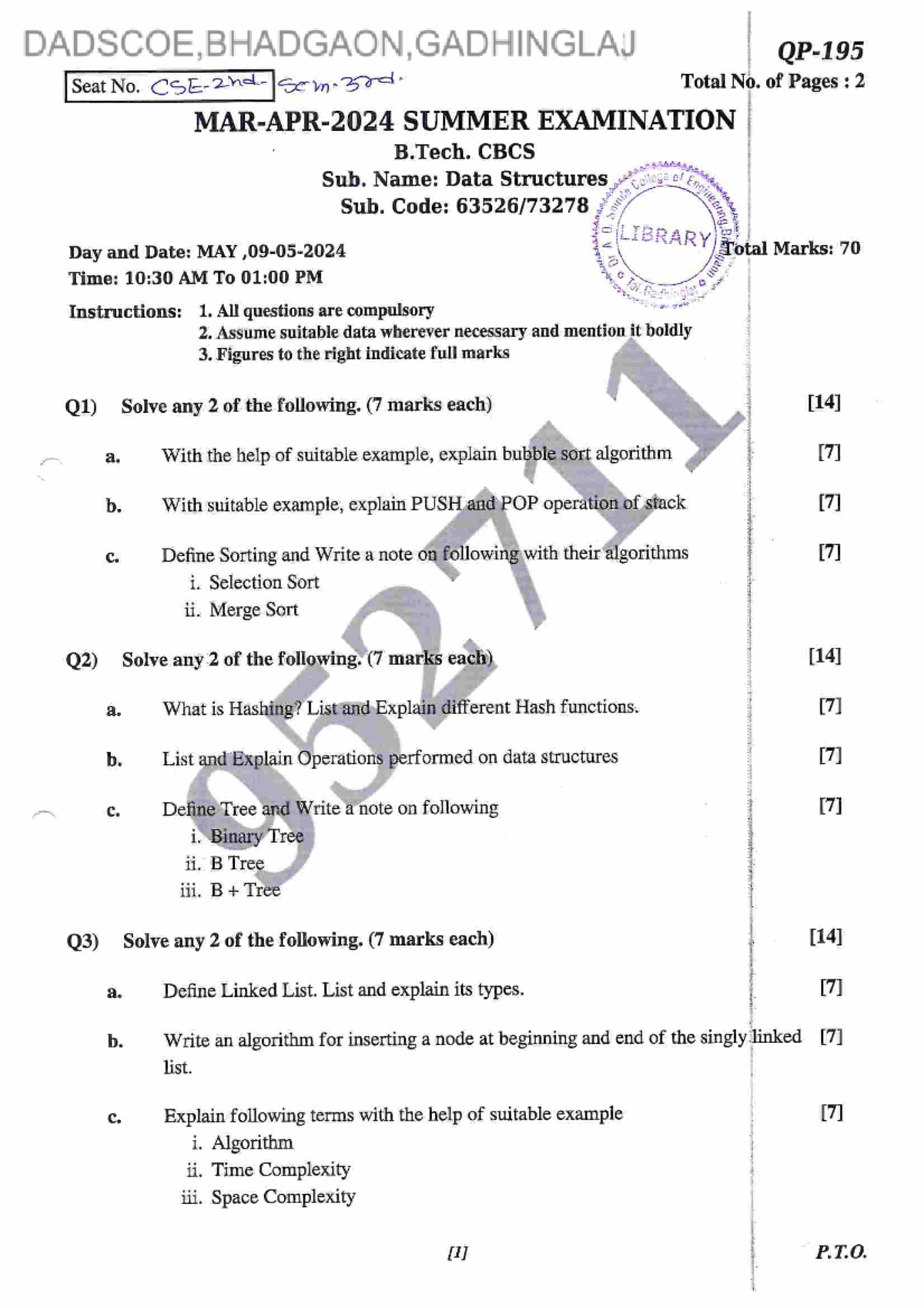 CS - Data Structures and Algorithms Summer Exam Question Paper (B.Tech ...