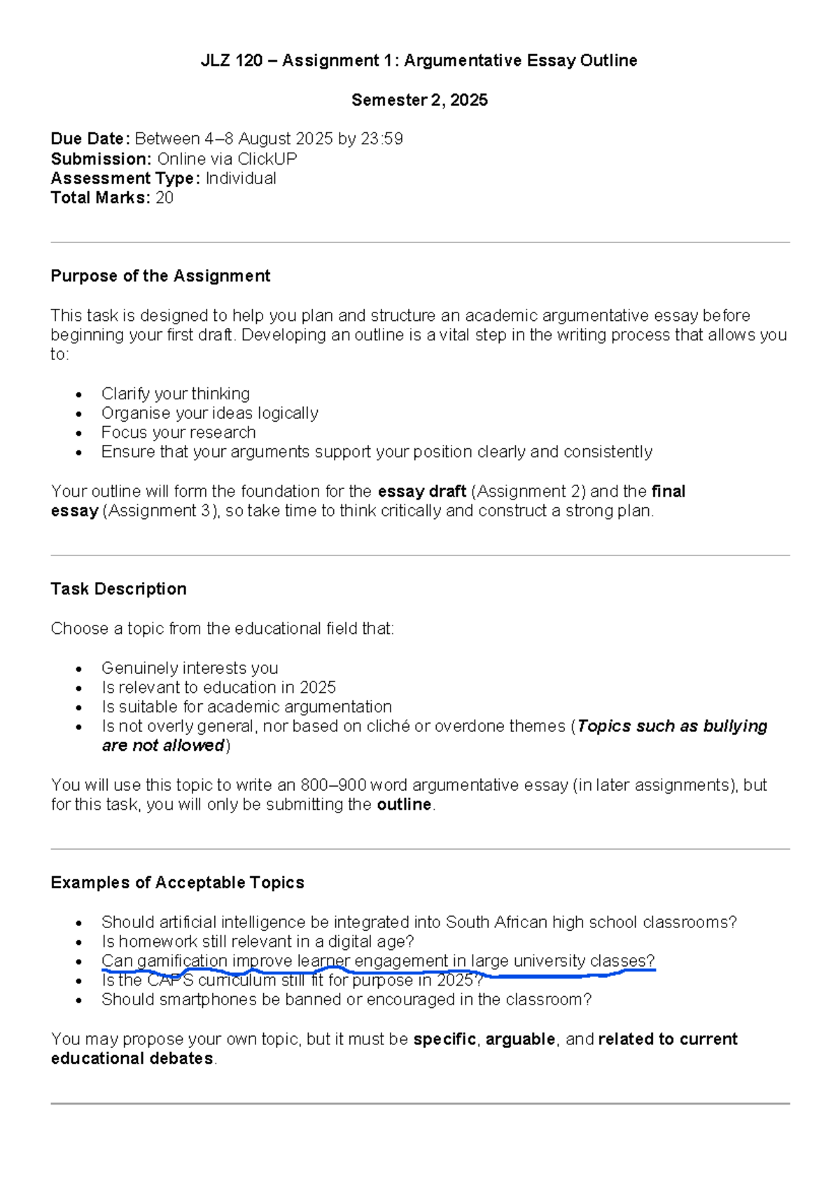 JLZ 120 Assignment 1: Argumentative Essay Outline Guide - Studocu