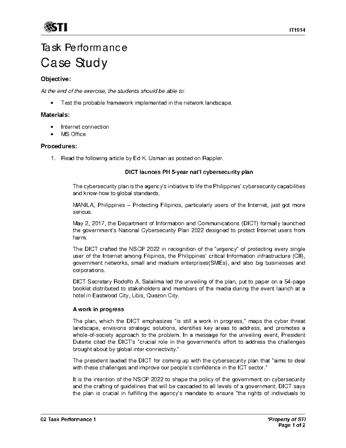 02 Task Performance 1(4) - IT 02 Task Performance 1 *Property of STI Page 1 of 2 Ta sk Pe rfo rm ...