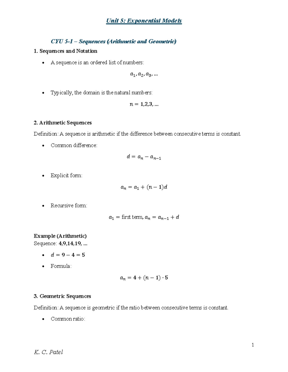 Exponential Models and Sequences: Unit 5 Overview - Studocu