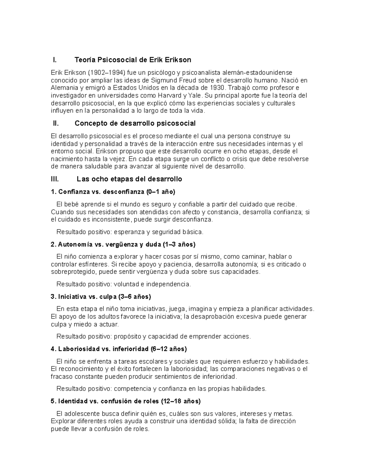 Teoría Psicosocial de Erik Erikson: Desarrollo y Etapas - Studocu