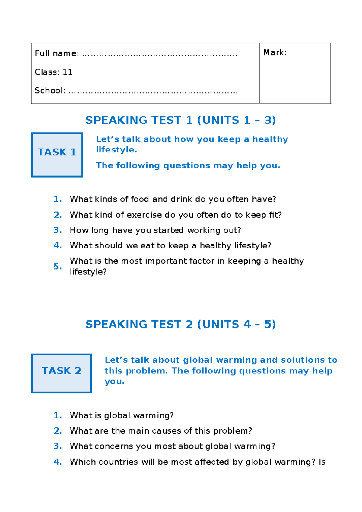 Speaking Test 11 HK1: Healthy Lifestyle & Global Warming Topics - Studocu