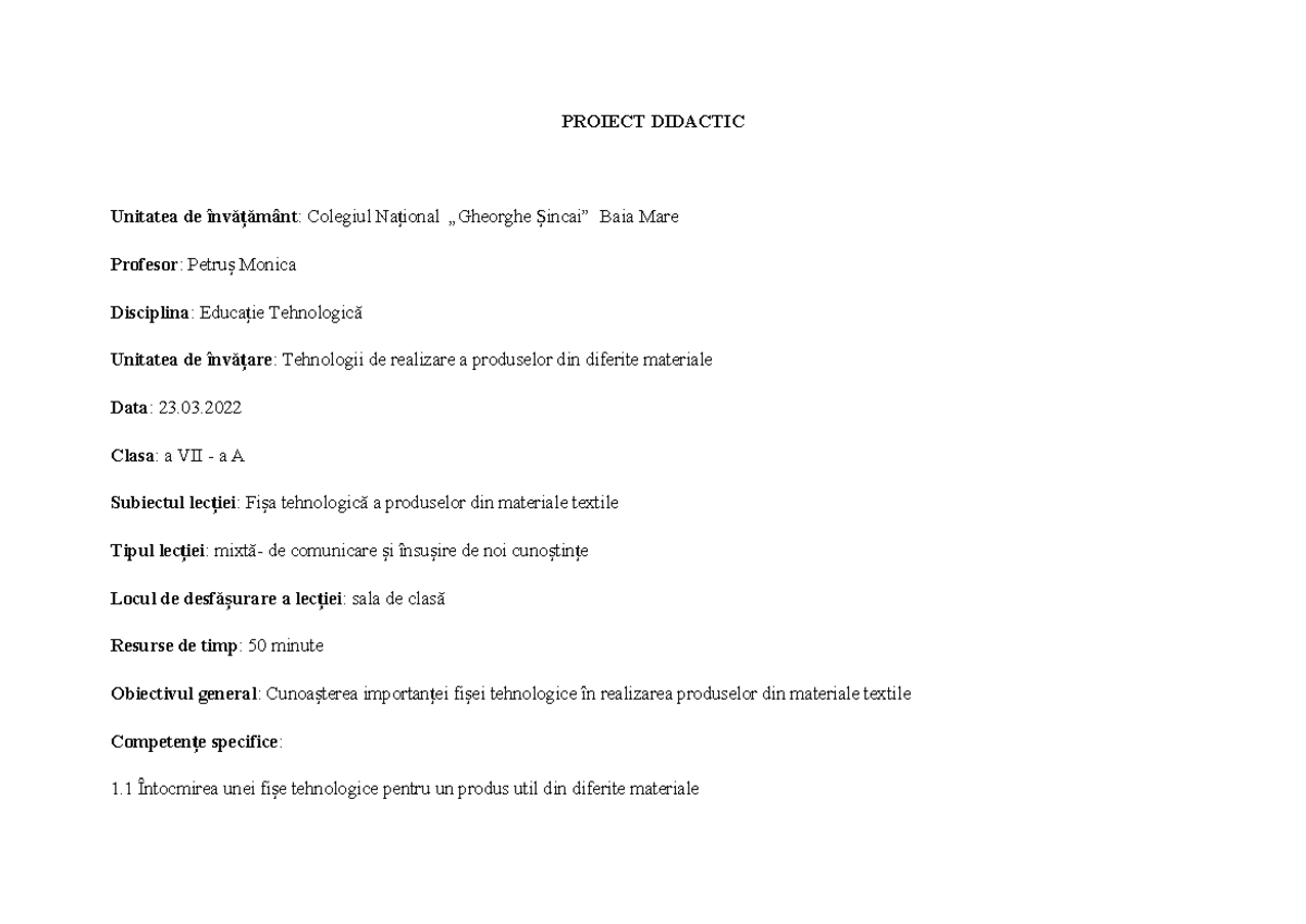 Proiect Didactic: Fișa Tehnologică a Produselor Textile - Clasa VII A ...