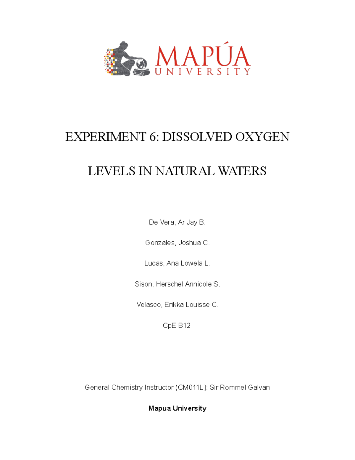 Experiment 6 Dissolved Oxygen - EXPERIMENT 6: DISSOLVED OXYGEN LEVELS ...