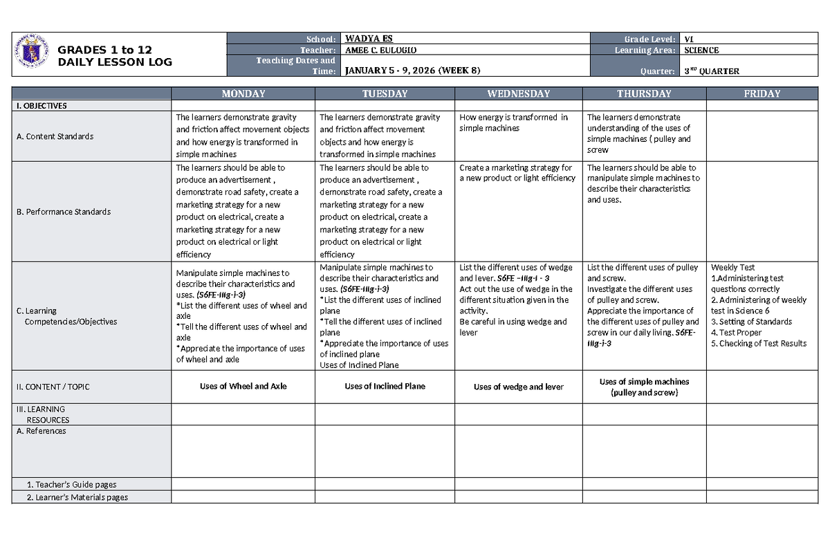 DLL Science 6 Q3 W8 - Daily Lesson Log on Simple Machines - Studocu