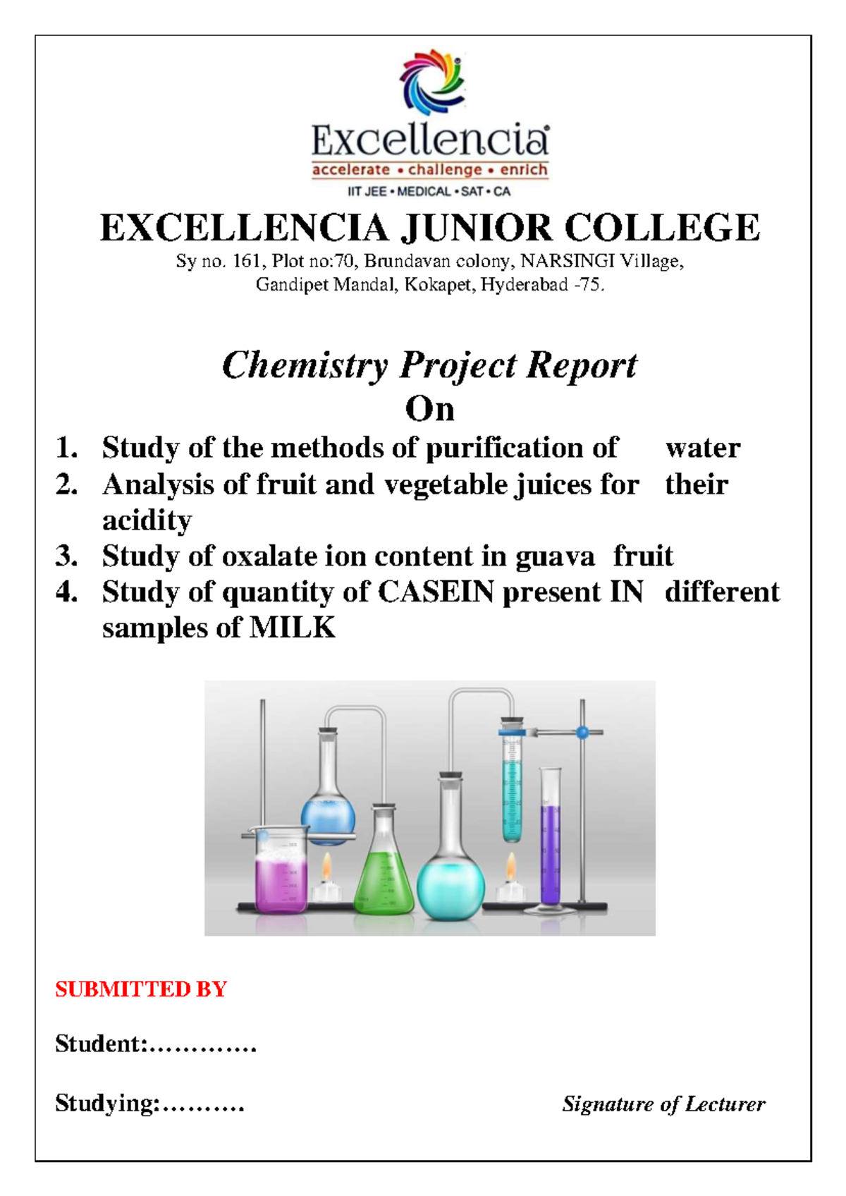 Project Work Chemistry - EXCELLENCIA JUNIOR COLLEGE Sy no. 161, Plot no ...