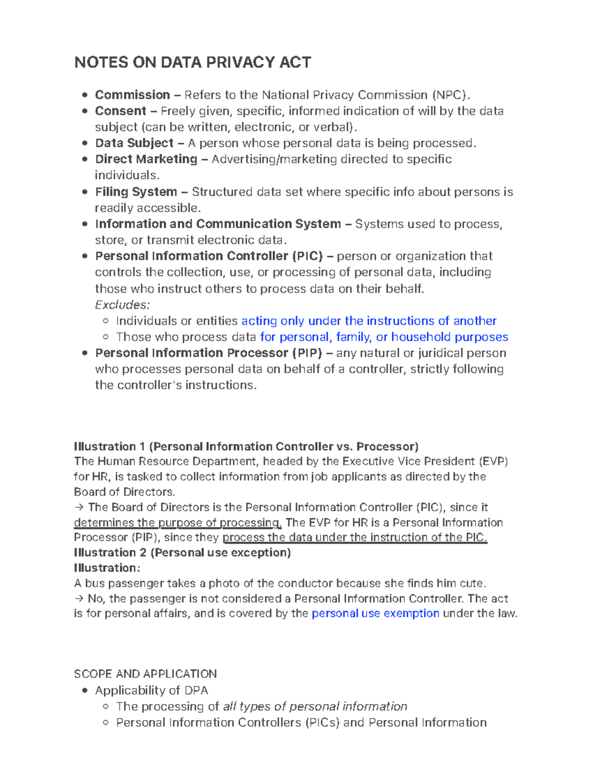 NOTES ON DATA PRIVACY ACT (DPA) - Key Concepts and Principles - Studocu