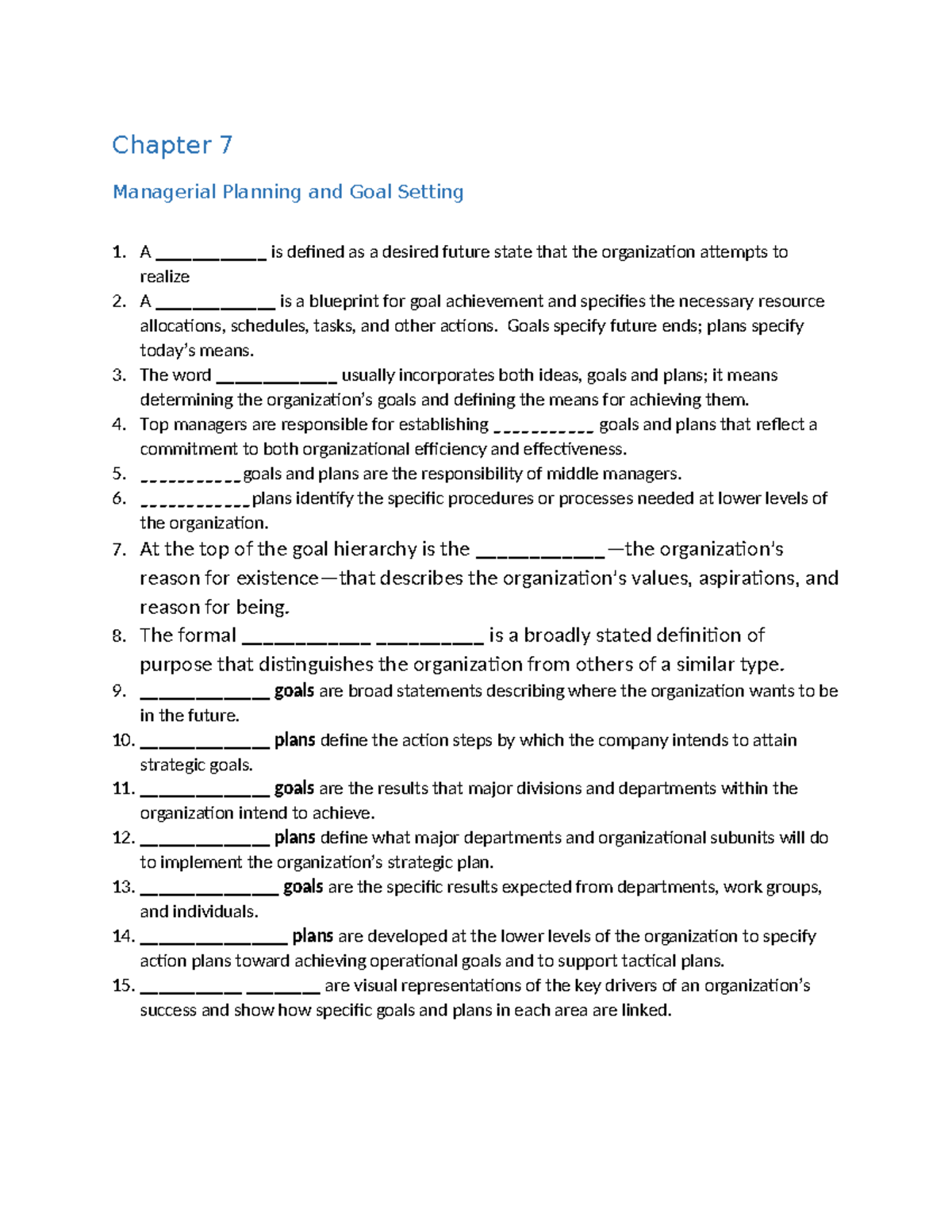 Chapter 7: Managerial Planning & Goal Setting Strategies - Studocu