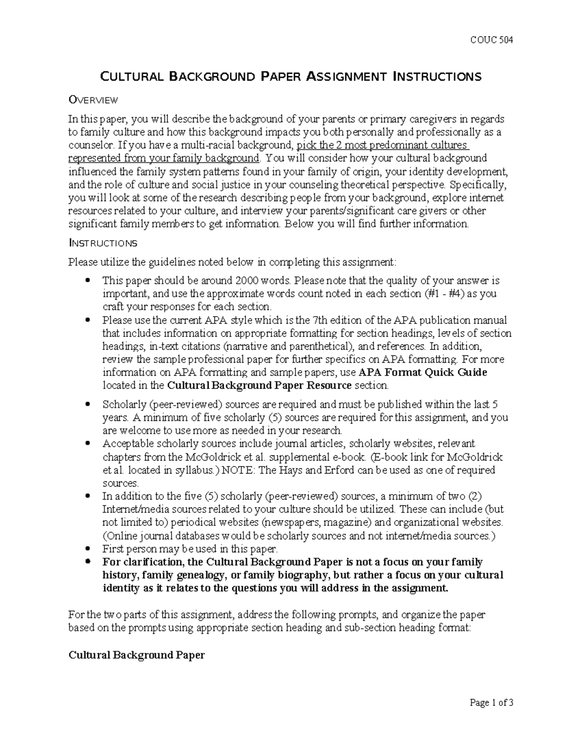 Cultural Background Paper Assignment Instructions - COUC 504 CULTURAL ...
