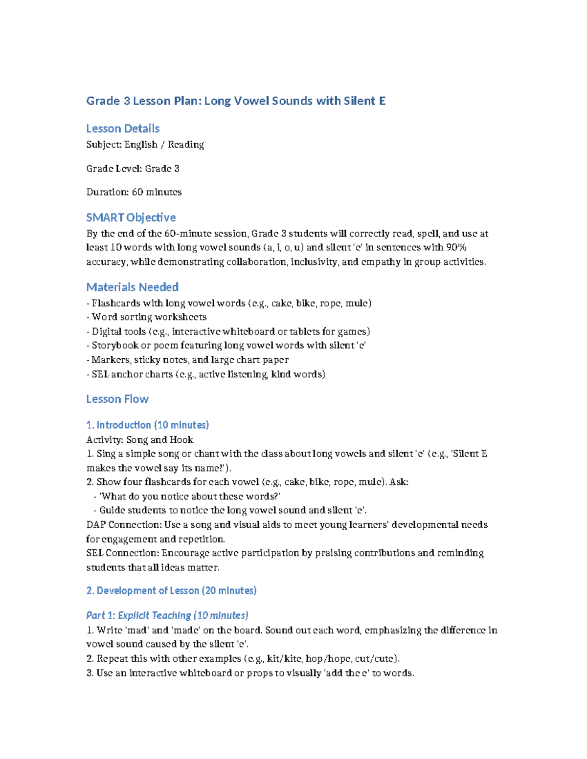 Grade 3 English Lesson Plan: Long Vowel Sounds with Silent E - Studocu