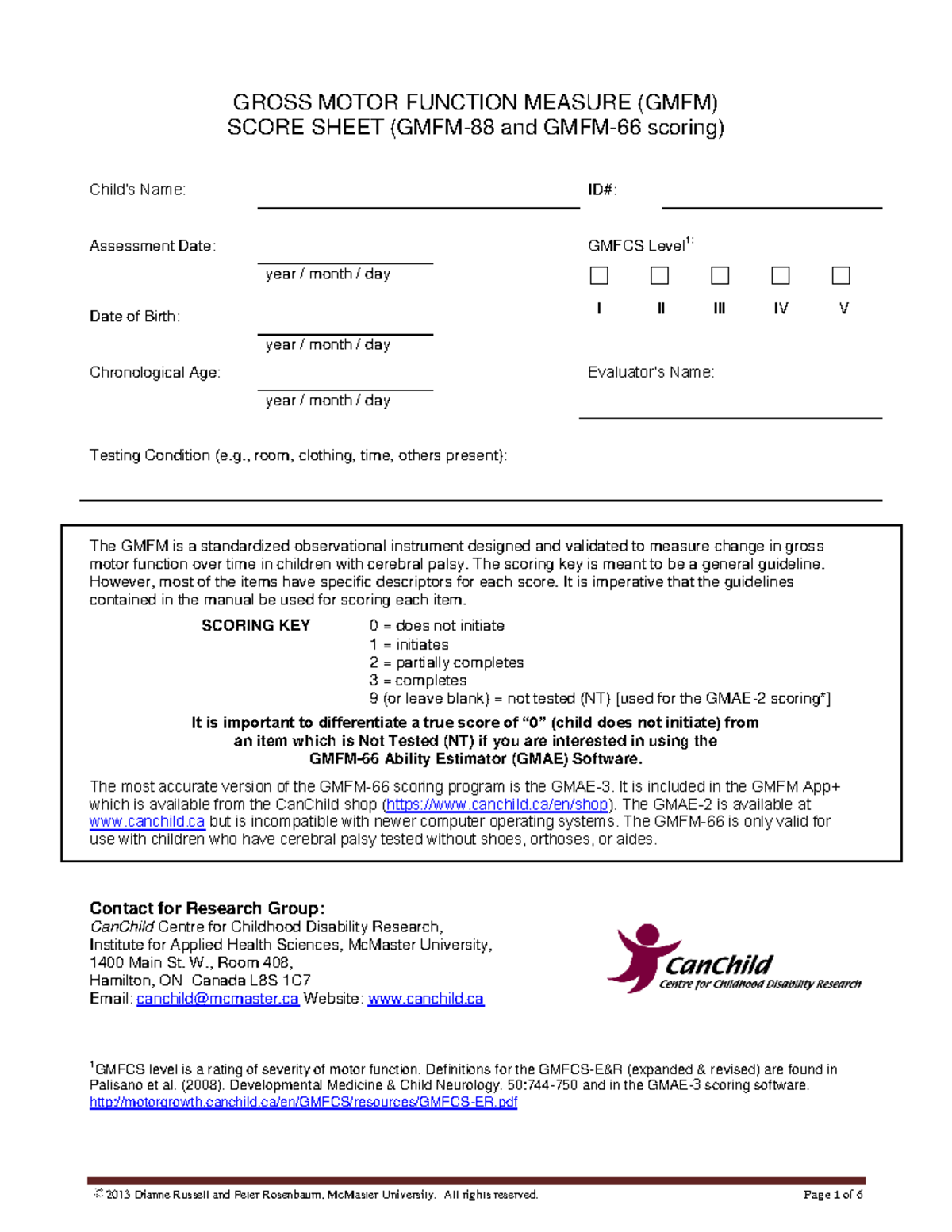 GMFM-88 & 66 Score Sheet for Gross Motor Function Assessment - Studocu