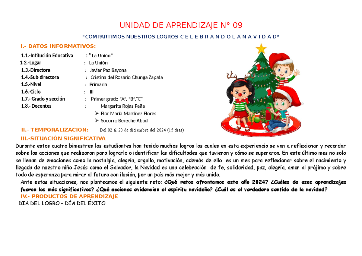 Unidad de Aprendizaje N° 09: Celebrando la Navidad en La Unión - Studocu