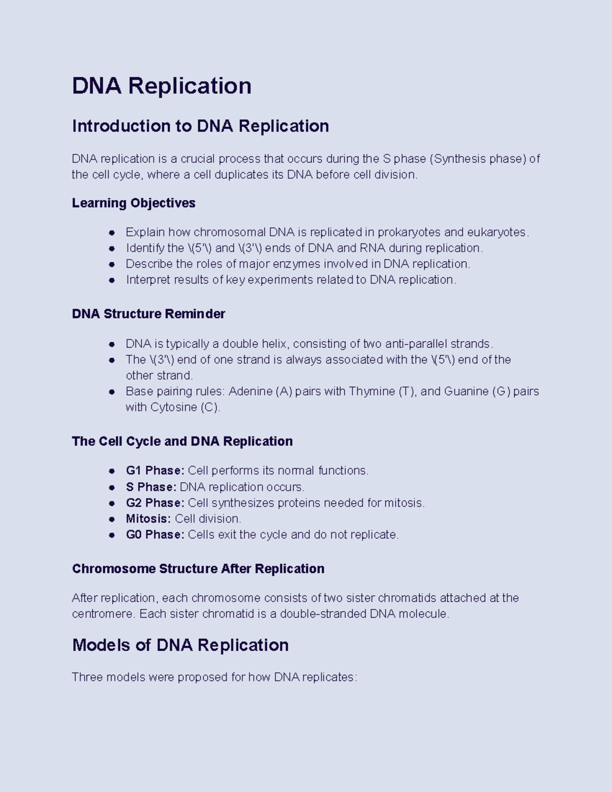 Week 7: DNA Replication and Transcription Mechanisms - Studocu